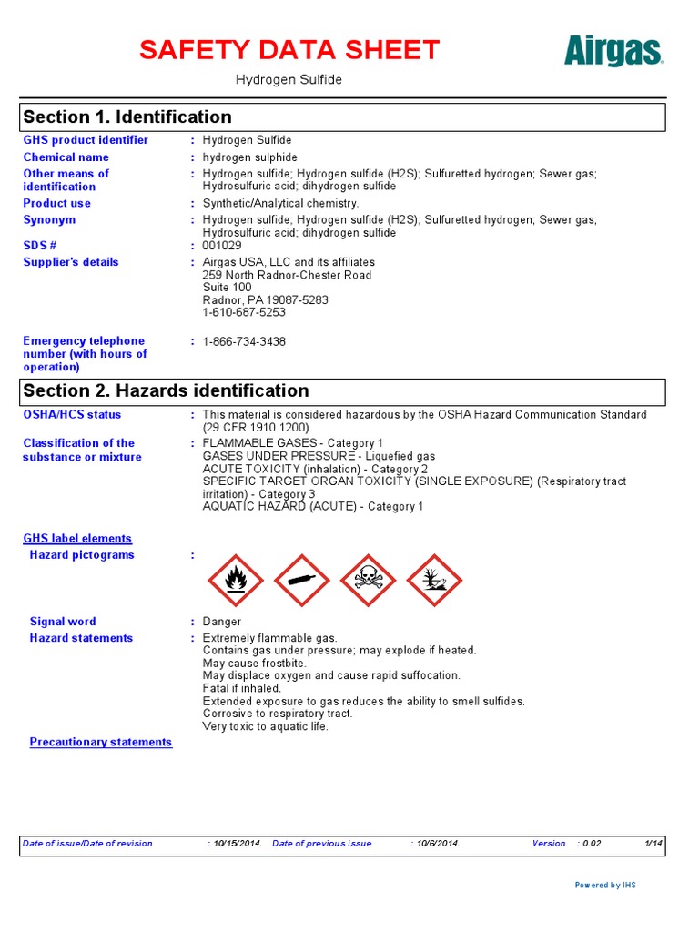 MSDS H2S | PDF | Toxicity | Dangerous Goods