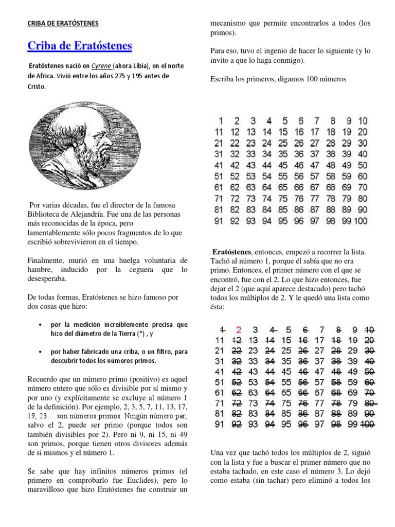 Criba de Eratóstenes | PDF | Número primo | Enseñanza de matemática