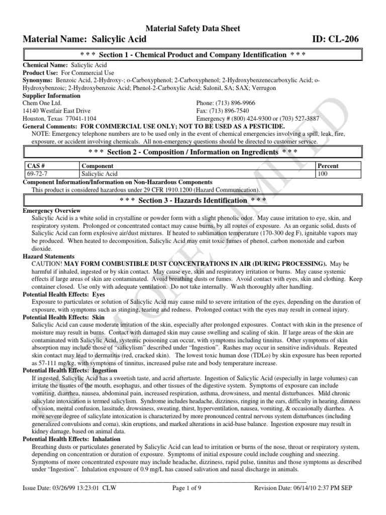 GG MDS Salicylic Acid | PDF | Dangerous Goods | Personal Protective ...