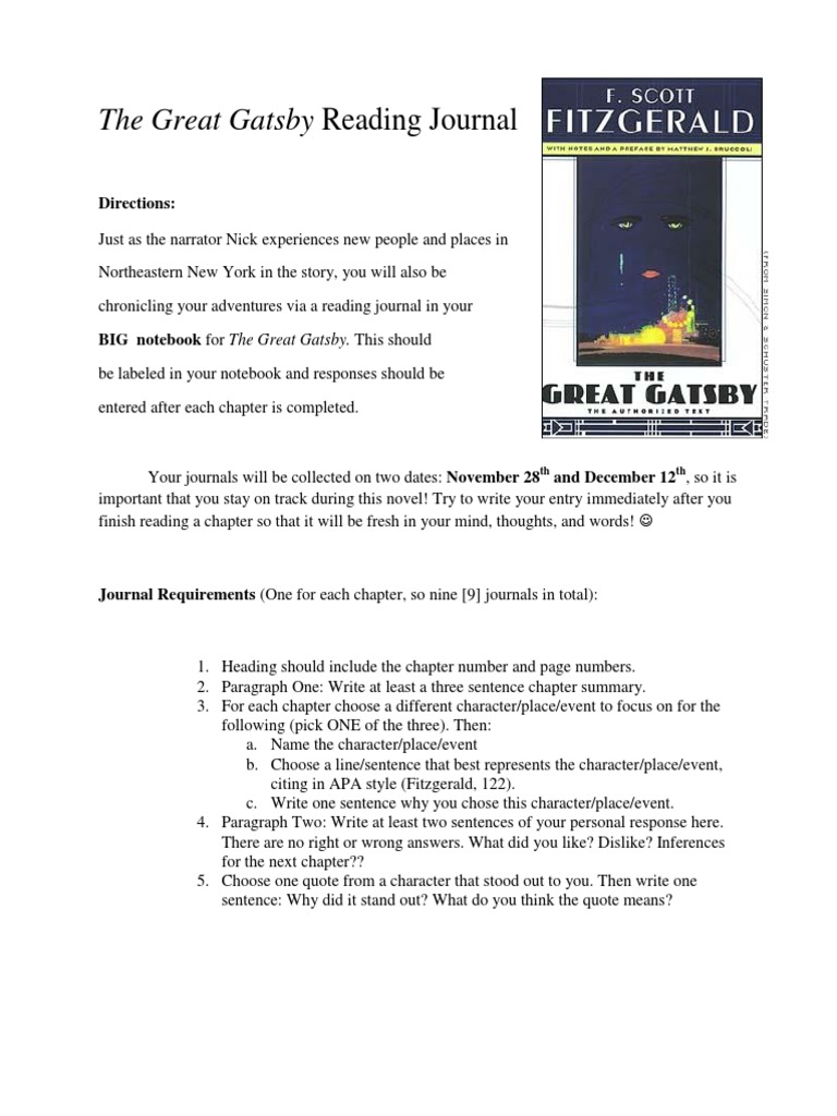 Great Gatsby Reading Journal Guidelines | PDF