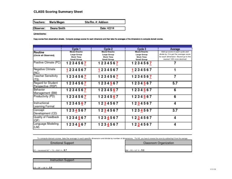 CLASS Scoring Summary Sheet Guide | PDF | Career & Growth | Teaching ...