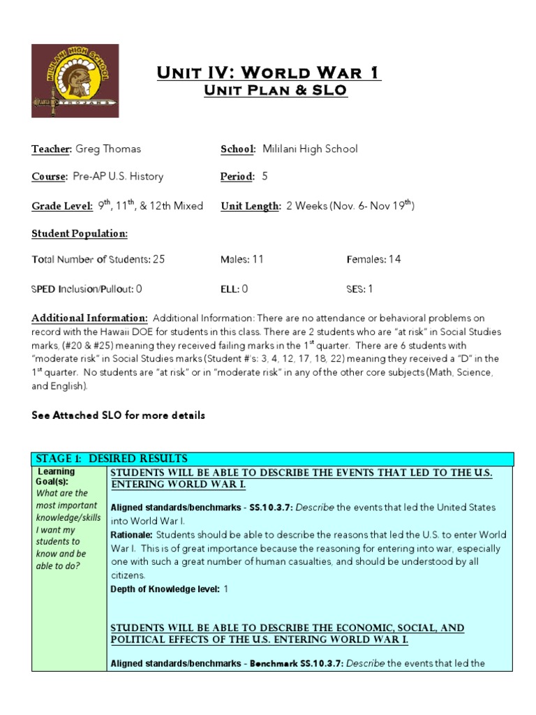 World War I Unit Plan Overview | PDF | Educational Assessment | World War I