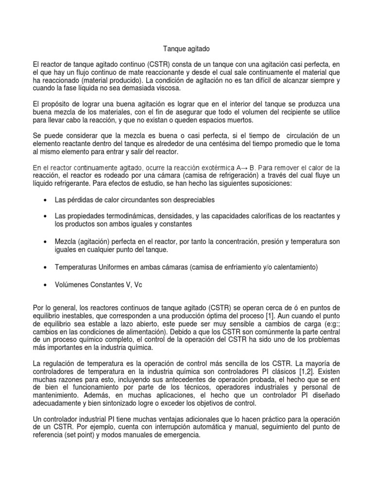 Análisis y modelado matemático de un reactor químico continuo agitado ...