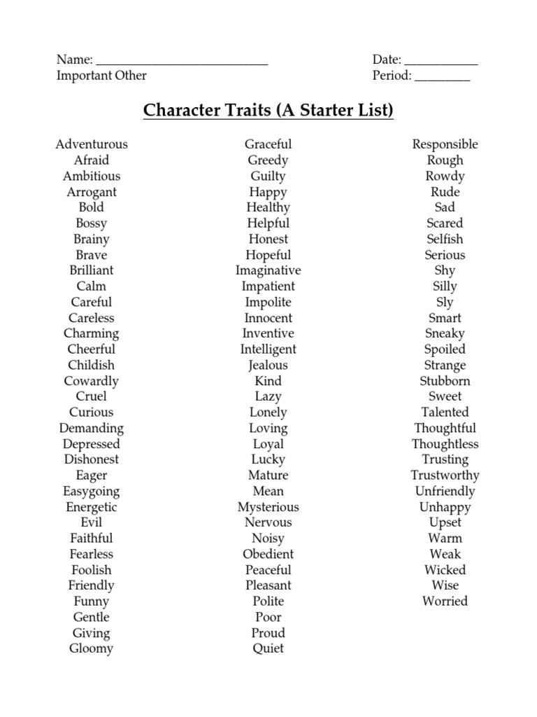 Character Traits Word Bank | PDF | Games & Activities | Self-Improvement