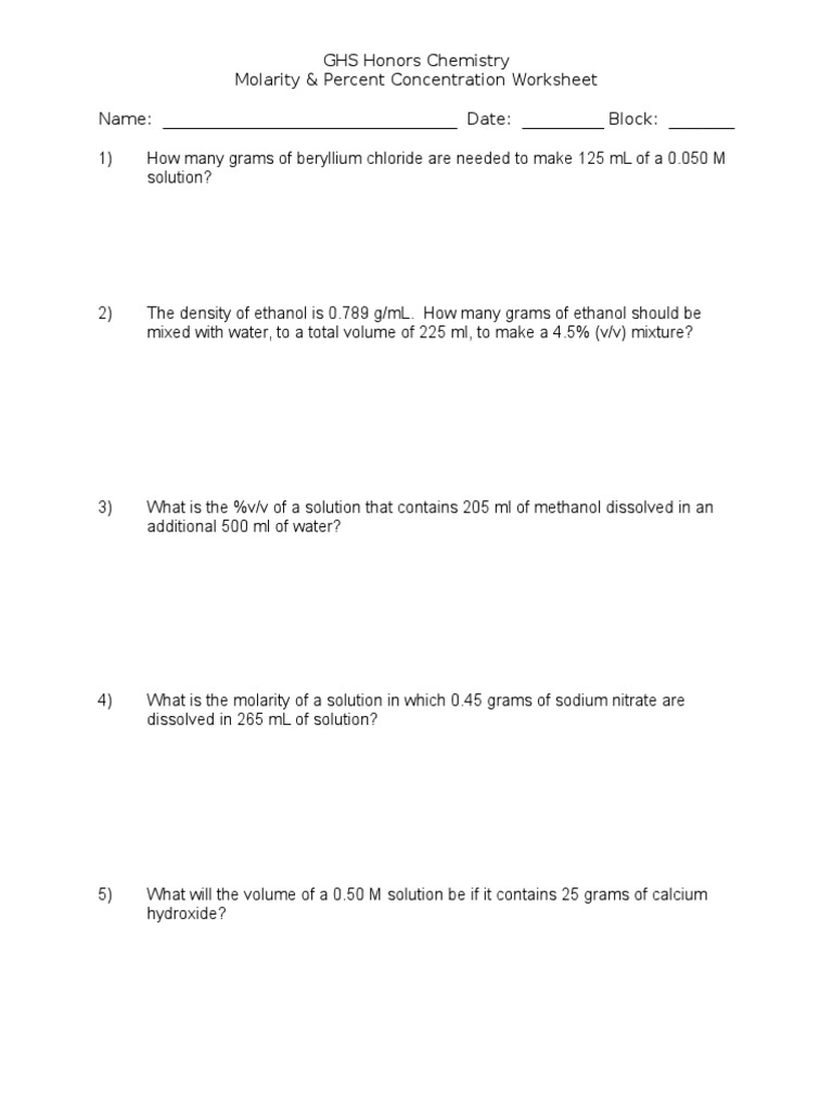 GHS Honors Chem Molarity and Percent Concentration Worksheet | PDF ...