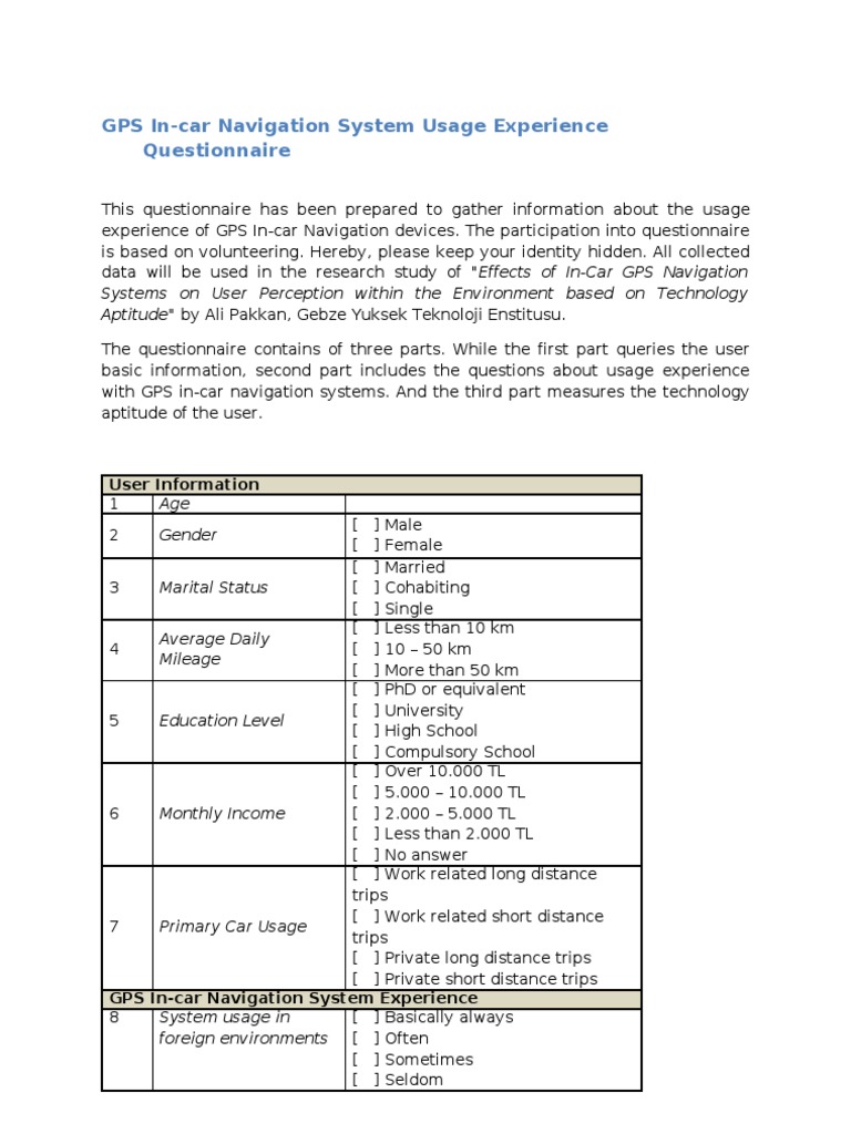 GPS In-Car Navigation System Usage Experience Questionnaire | PDF ...