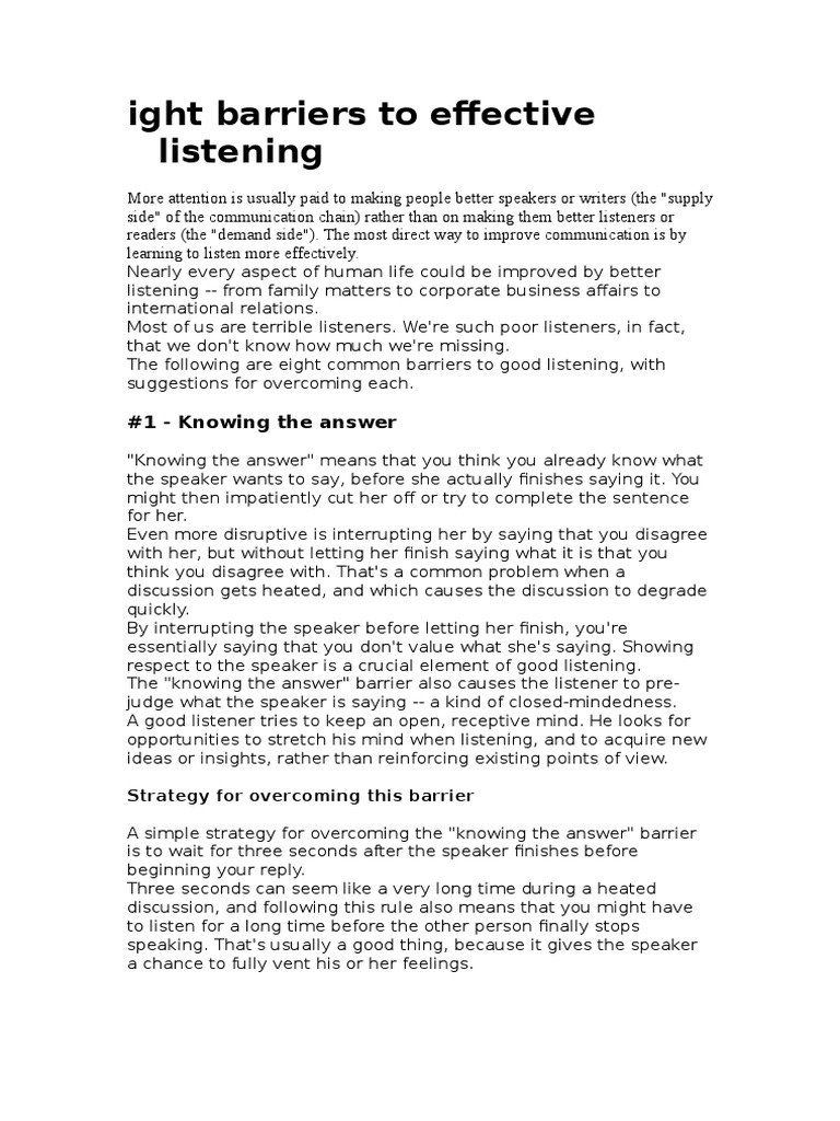 Ight Barriers To Effective Listening | PDF | Conversation | Thought