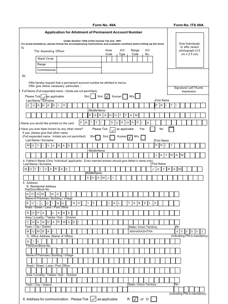 Form No. 49A Application For Allotment of Permanent Account Number ...