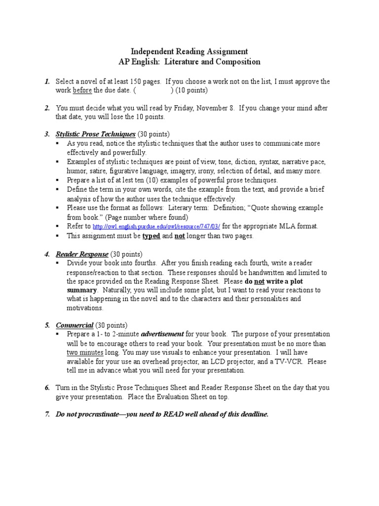AP English Independent Reading Guide | PDF