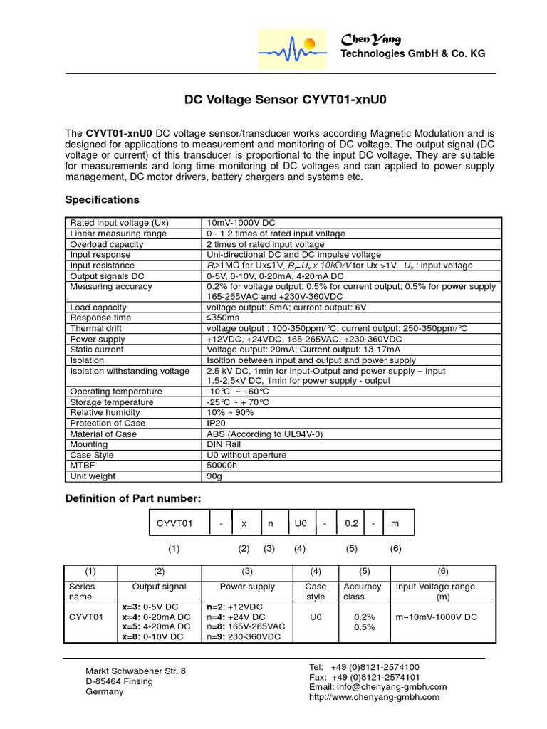 DC Voltage Sensor CYVT01 Specifications | PDF | Power Supply | Sensor