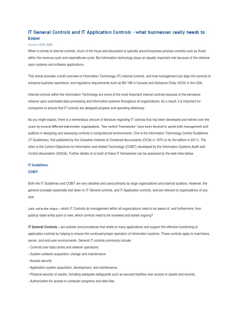 IT General Controls and IT Application Controls | PDF | Sarbanes–Oxley ...