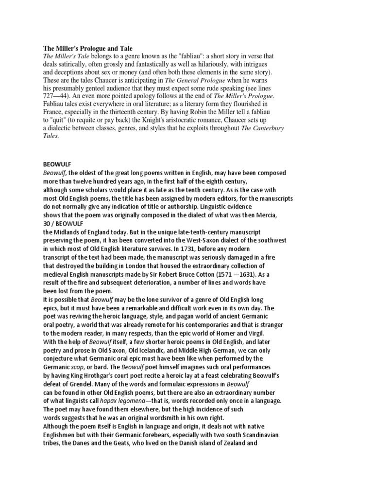 Analysis of Chaucer's Fabliau and Beowulf | PDF | Beowulf | Chivalry