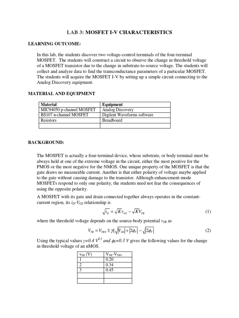 Lab3 - MOSFET IV Characteristic | PDF | Mosfet | Field Effect Transistor