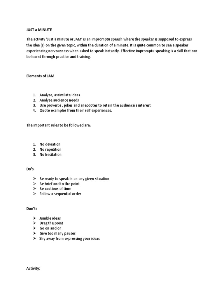 Just a Minute: Impromptu Speaking Guide | PDF | Self-Improvement