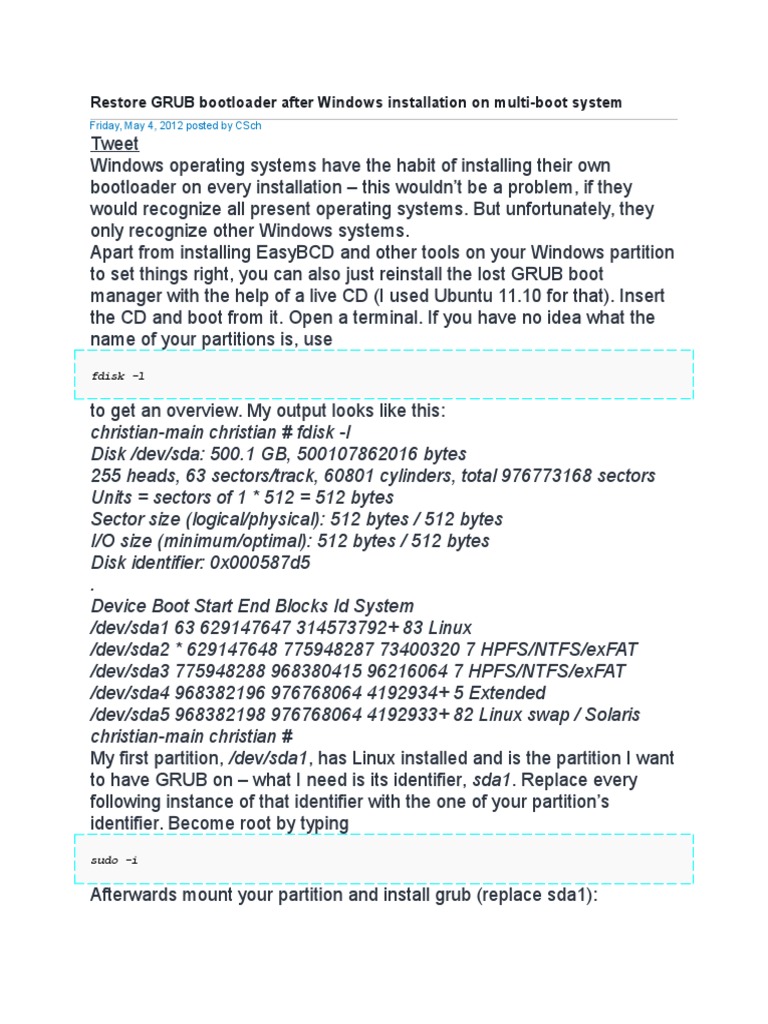 Restore GRUB After Windows Install | PDF | Games & Activities ...