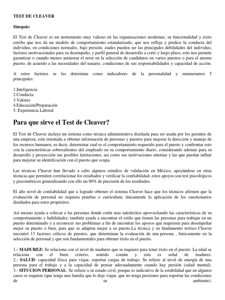 Test de Cleaver | PDF | Recursos humanos | Comportamiento