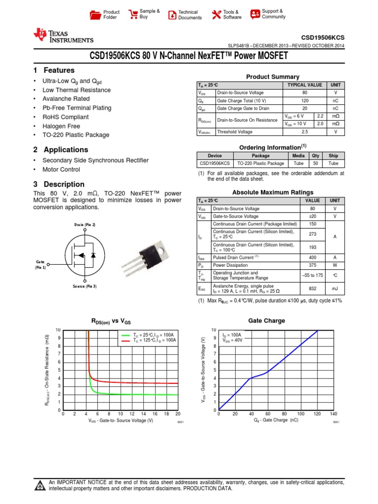 CSD 19506 Kcs | PDF | Field Effect Transistor | Electronics