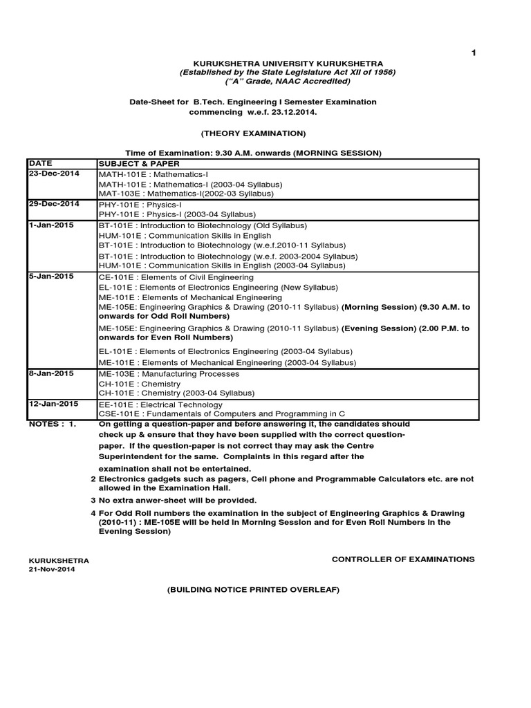 KUK Date-Sheet B.Tech. | PDF