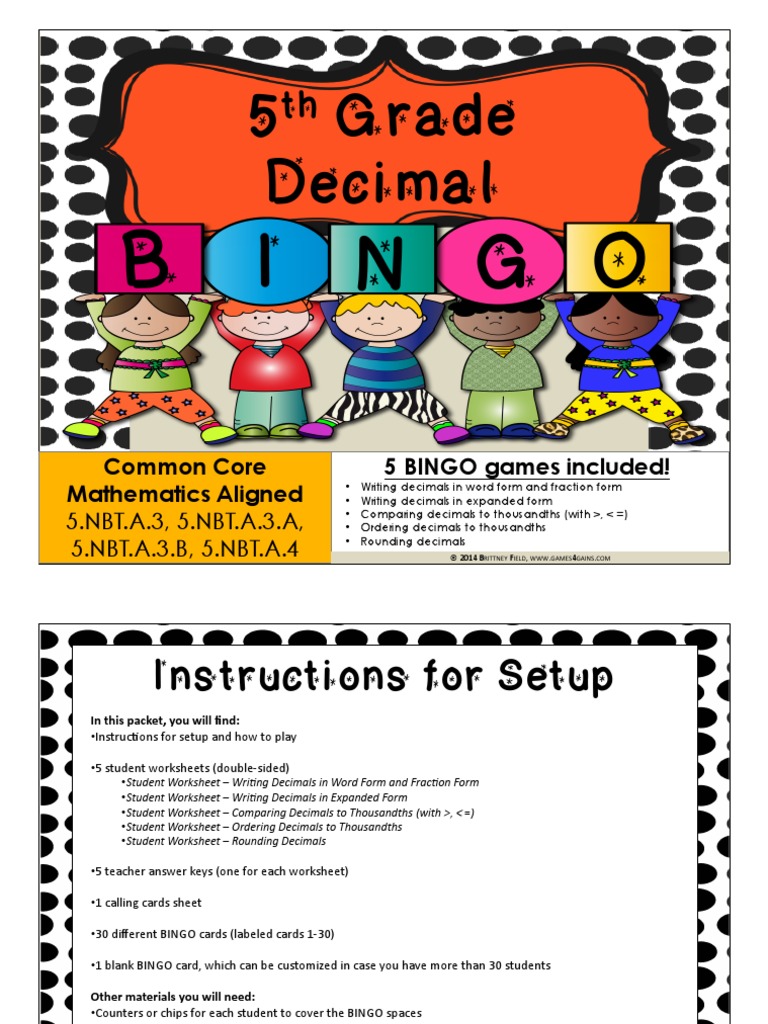 Decimal Bingo Game - 5th Grade Preview | PDF | Leisure | Teaching ...