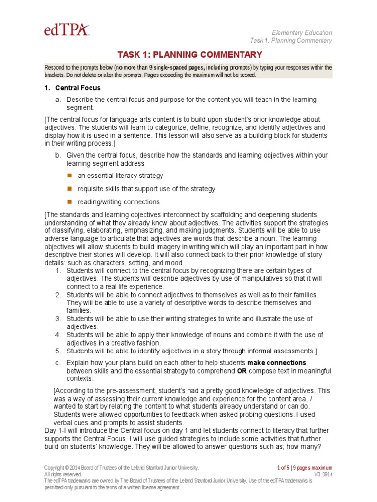 Edtpa Literacy Task I Planning Linda Hillard | PDF | Adjective | Learning
