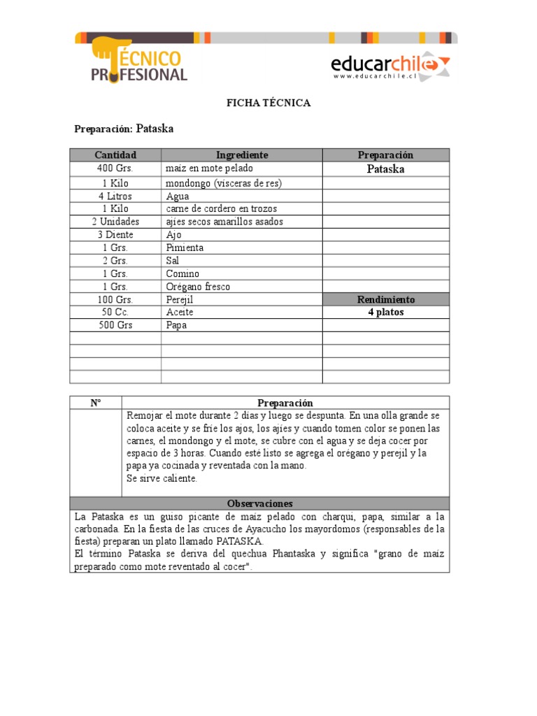 Ficha Tecnica Pataska | PDF