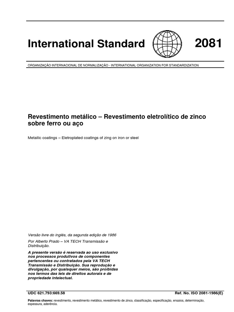 Iso 2081 - 86 (P) | PDF | Zinco | Solução