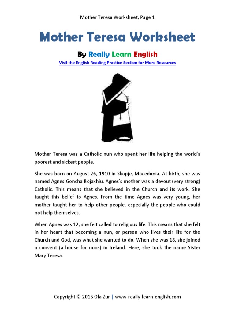 Worksheet Mother Teresa | PDF | Mother Teresa | Religious Education
