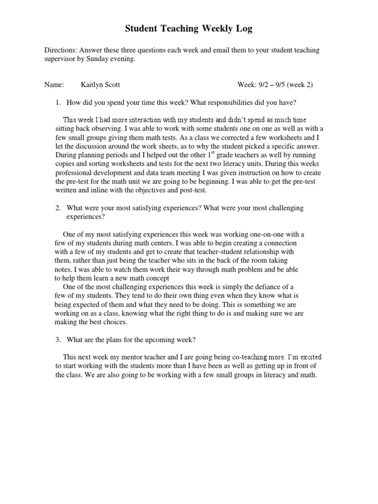 Weekly Log Sample | PDF | Teachers | Classroom