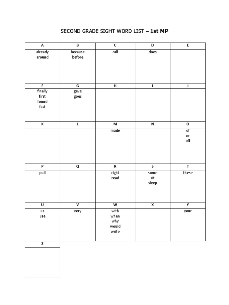 Second Grade Sight Words List | PDF