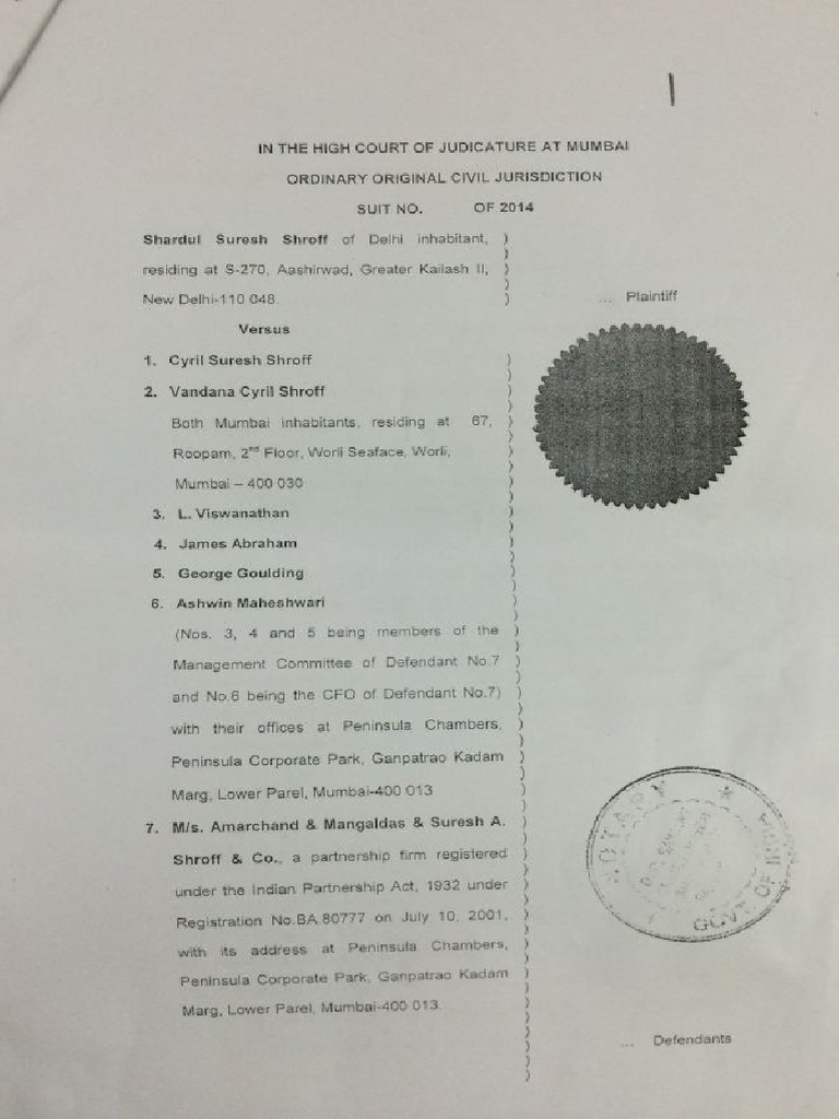Shardul Shroff Vs Cyril Shroff & Others Plaint | PDF