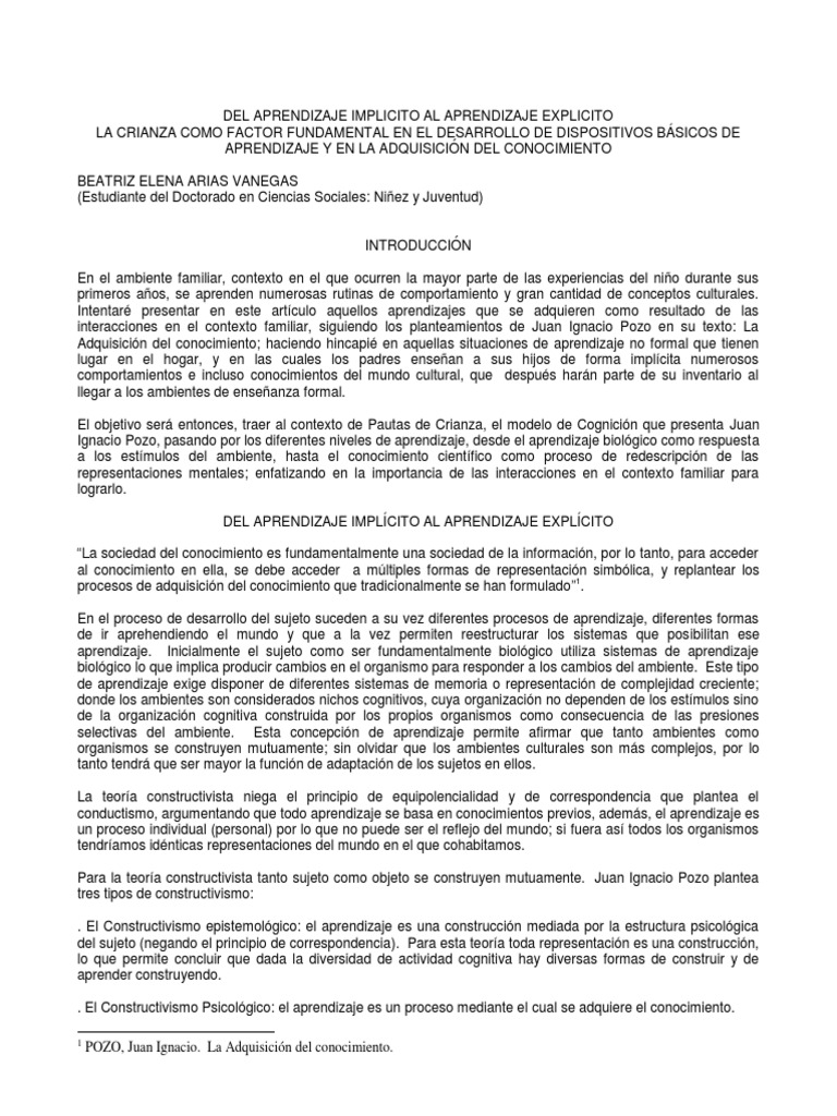 Del Aprendizaje Implicito - Explicito | PDF | Constructivismo (filosofía de la educación ...
