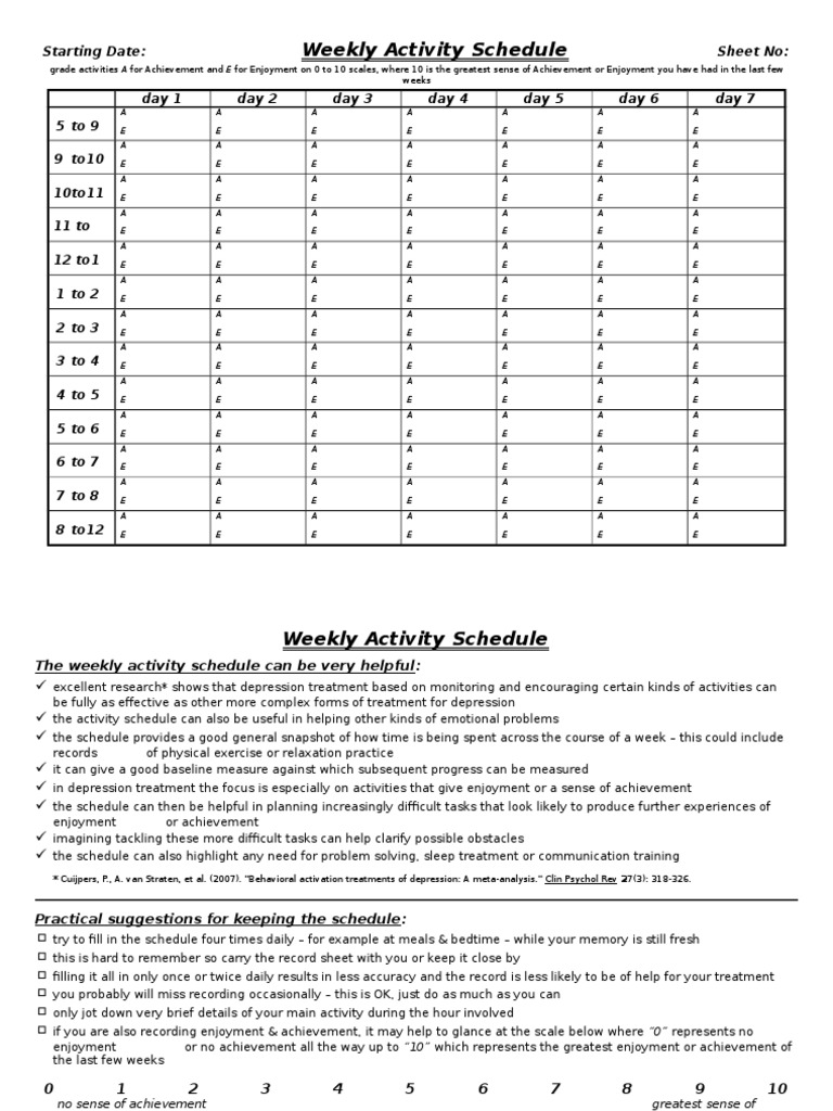 Weekly Activity Scheduling Sheet (Hours) | Major Depressive Disorder ...