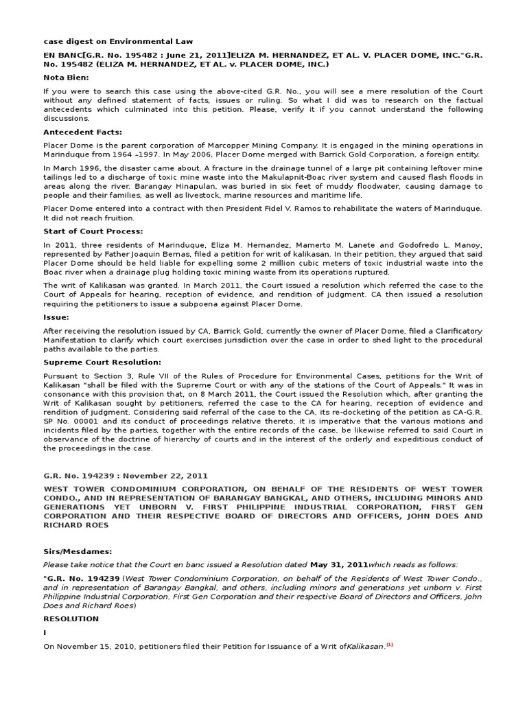 Case Digest On Environmental Law | PDF | Mandamus | Legal Procedure