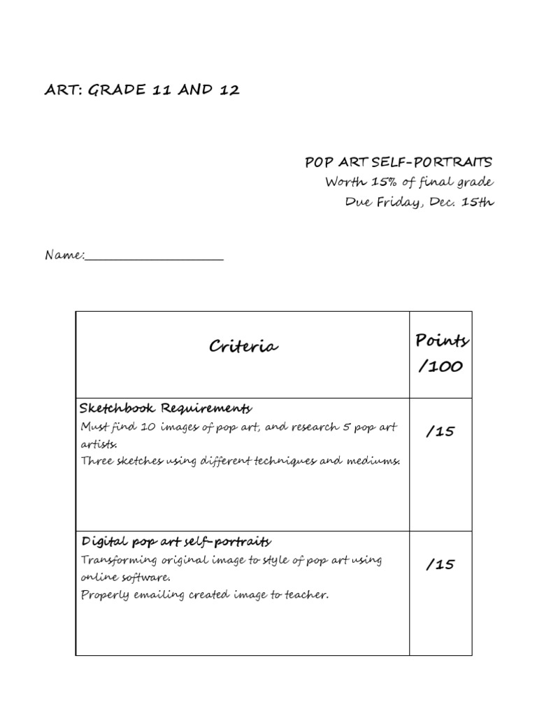 Pop Art Self-Portrait Project Guide | PDF