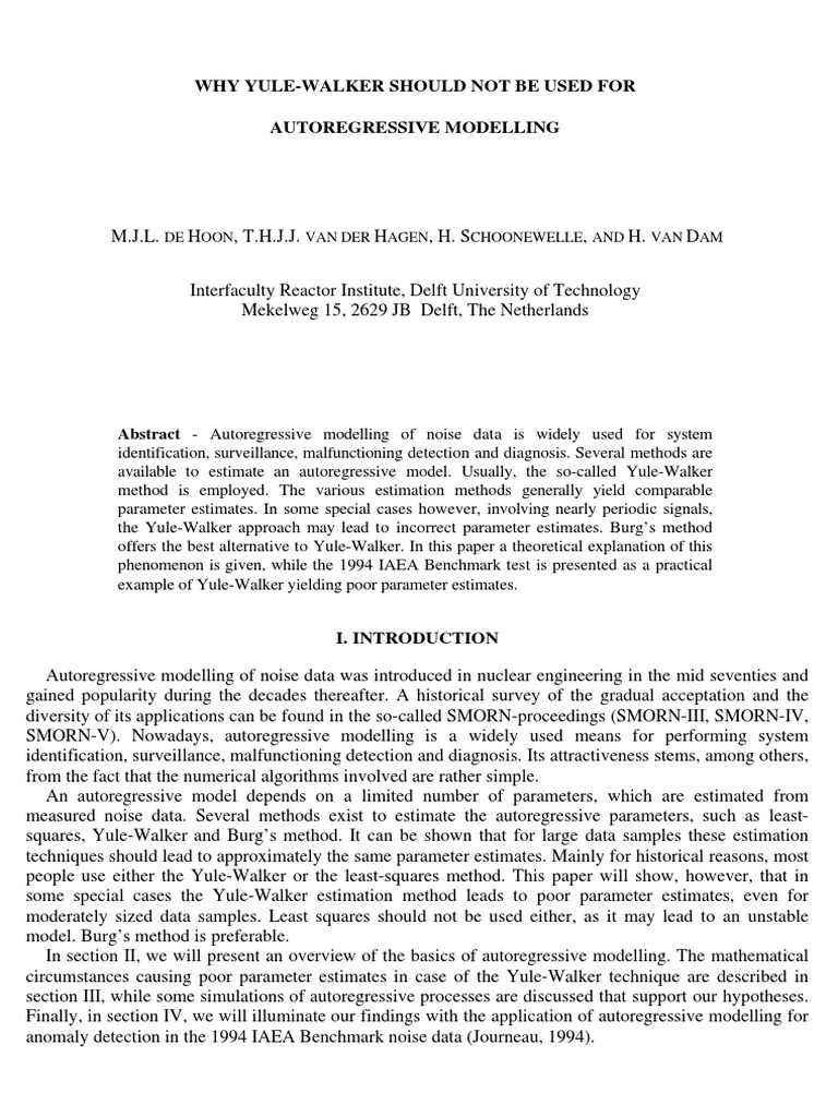 Why Yule-Walker Should Not Be Used For Autoregressive Modelling | PDF ...