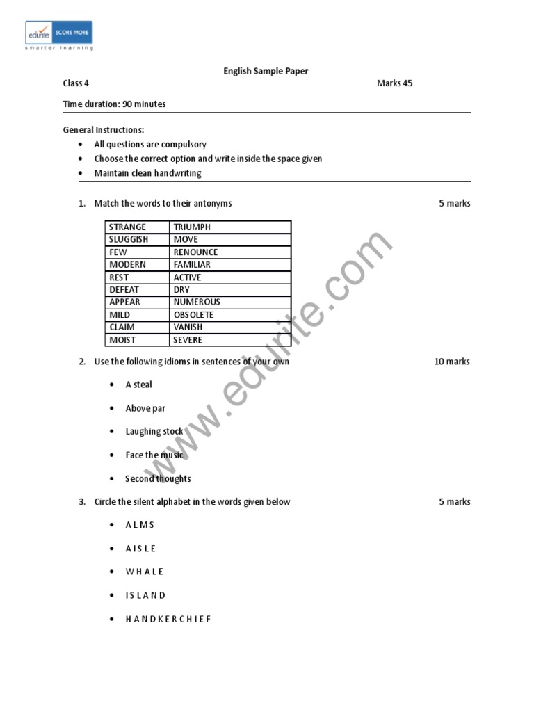 Class 4 ICSE English Sample Paper Model 2 | PDF