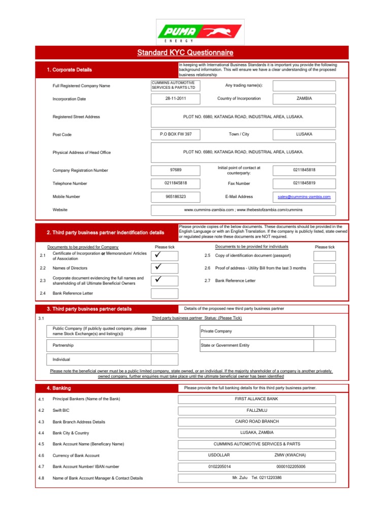 Puma Standard KYC Form | PDF | Identity Document | Banks