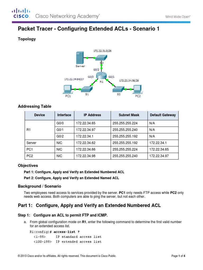 9.3.2.10 Configuring Extended ACLs Scenario 1 Instructions | PDF | Port (Computer Networking ...