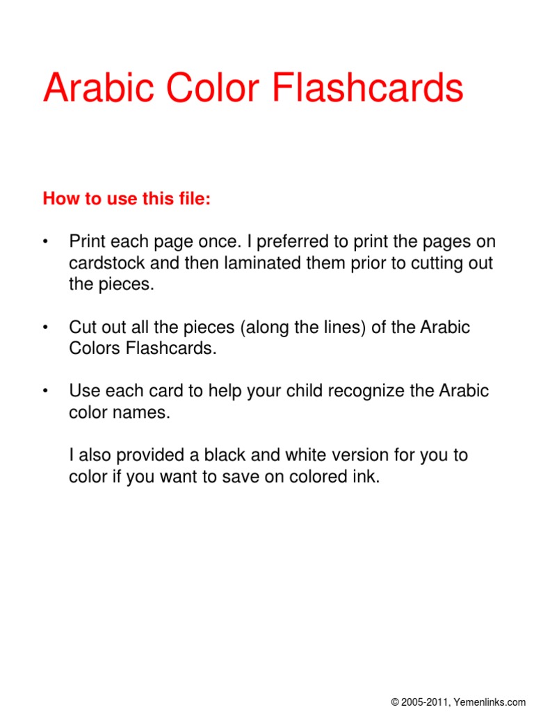 Arabic Color Flashcards: How To Use This File | PDF | Home & Garden