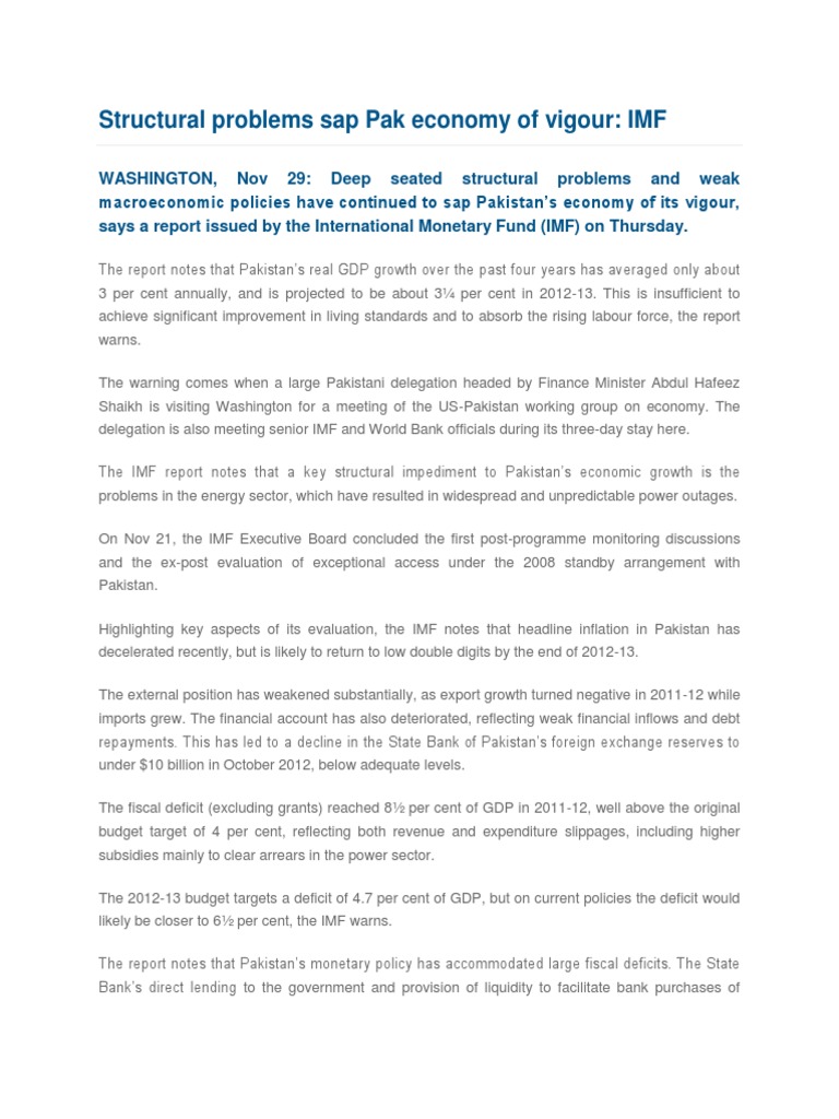 Structural Problems Sap Pak Economy of Vigour | PDF | Government Budget ...