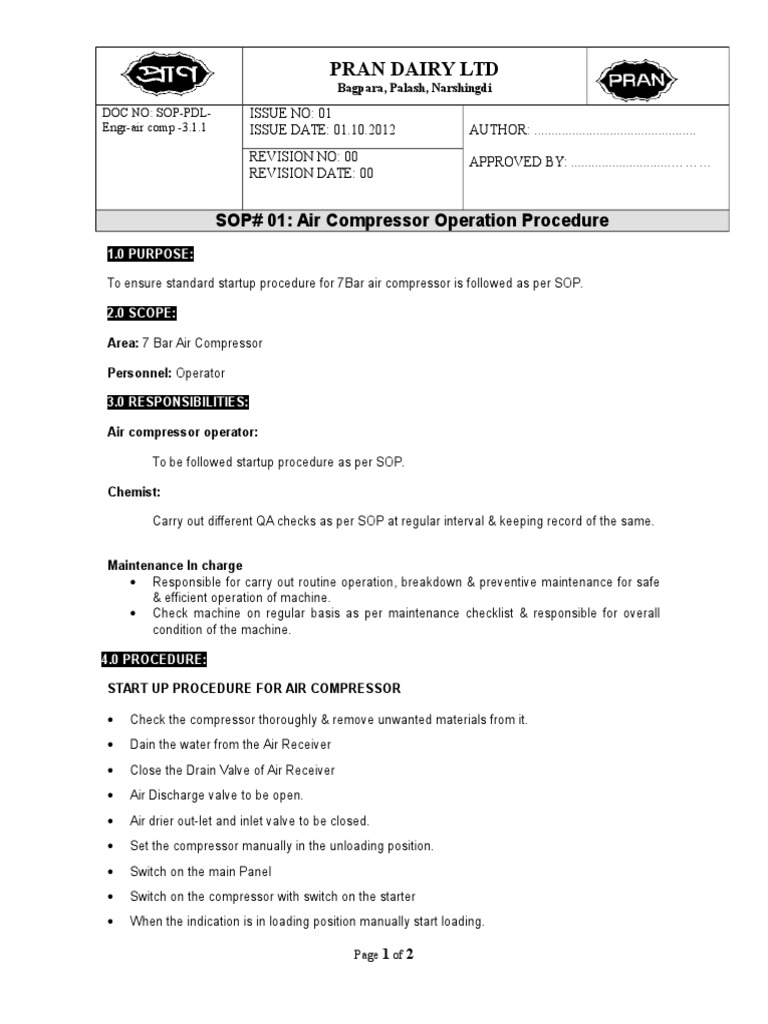 Air Compressor Operation SOP | PDF | Technology & Engineering