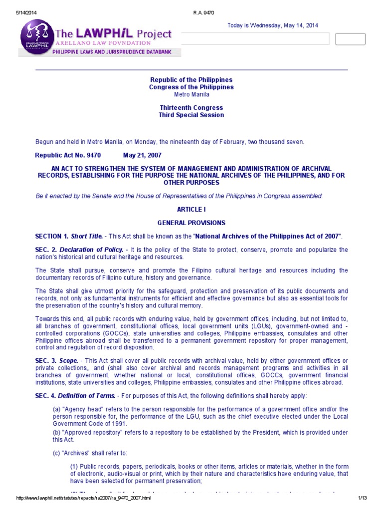 R.A. 9470 PDF | PDF | Records Management | Preservation (Library And ...