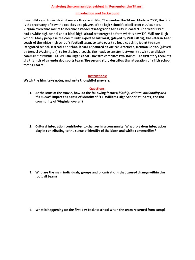 Remember The Titan Questions | PDF