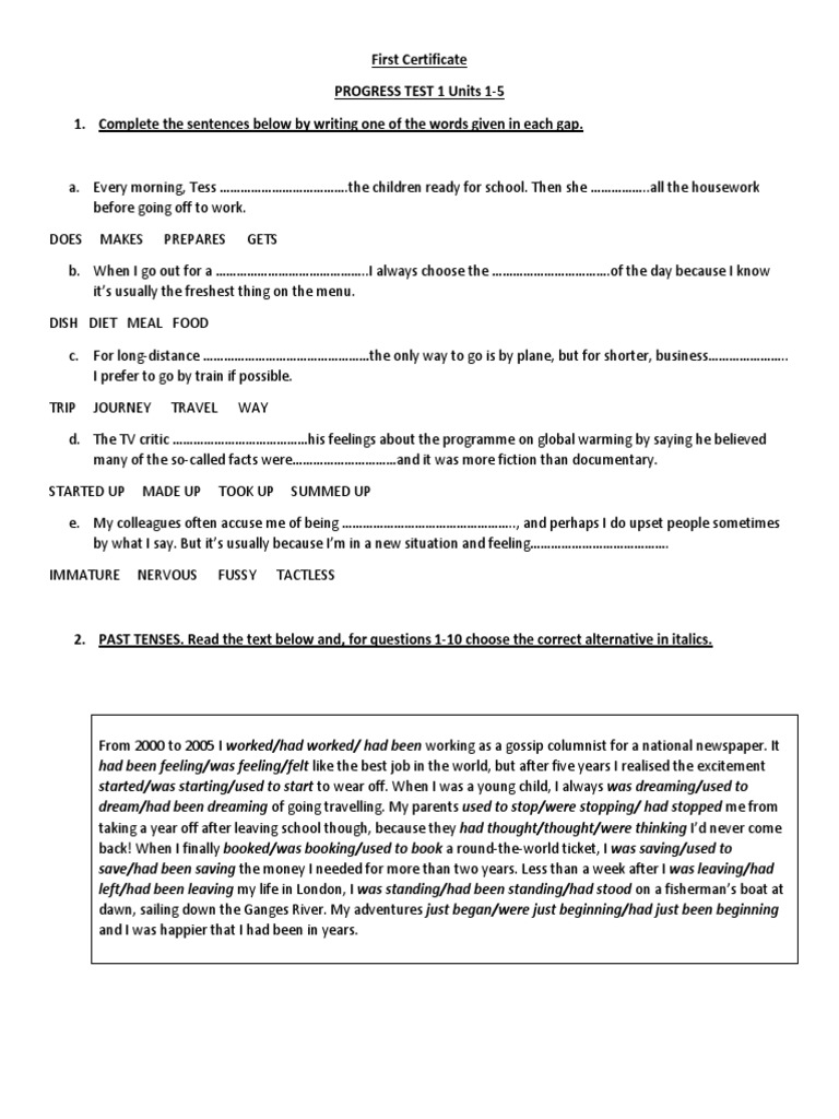 First Certificate Test 1 Units 1-5 Complete First Certificate | PDF ...