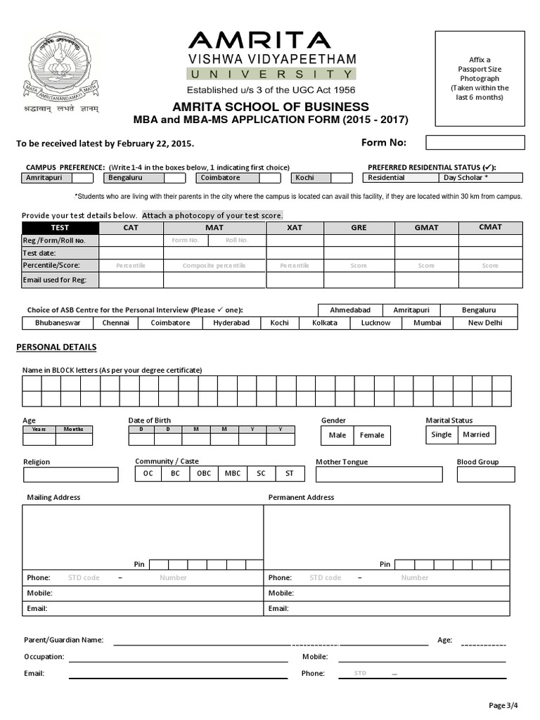 Amrita School of Business: MBA and MBA-MS APPLICATION FORM (2015 - 2017 ...