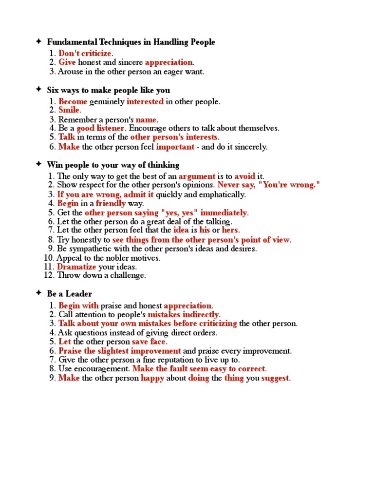 Fundamental Techniques in Handling People 1. Don't Criticize. 2. Give | PDF