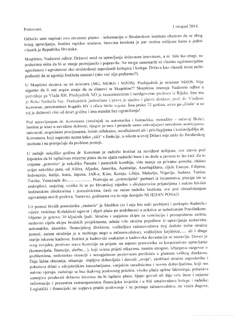 Anonimno Pismo Radnika Brodarskog Instituta | PDF