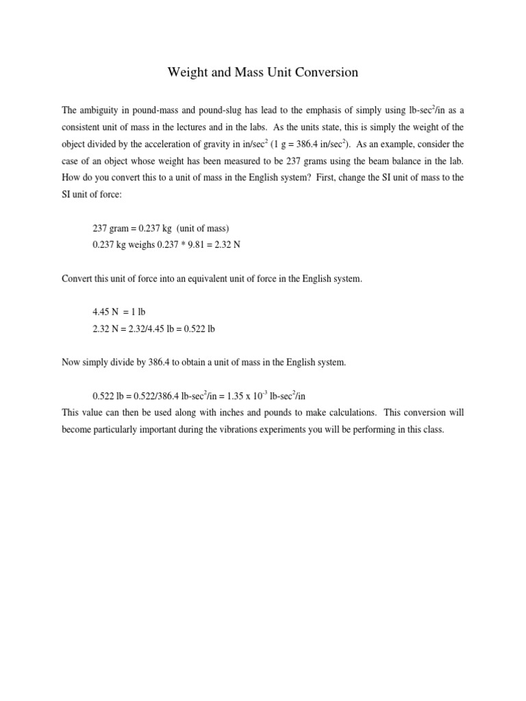 Weight to Mass Conversion Guide | PDF