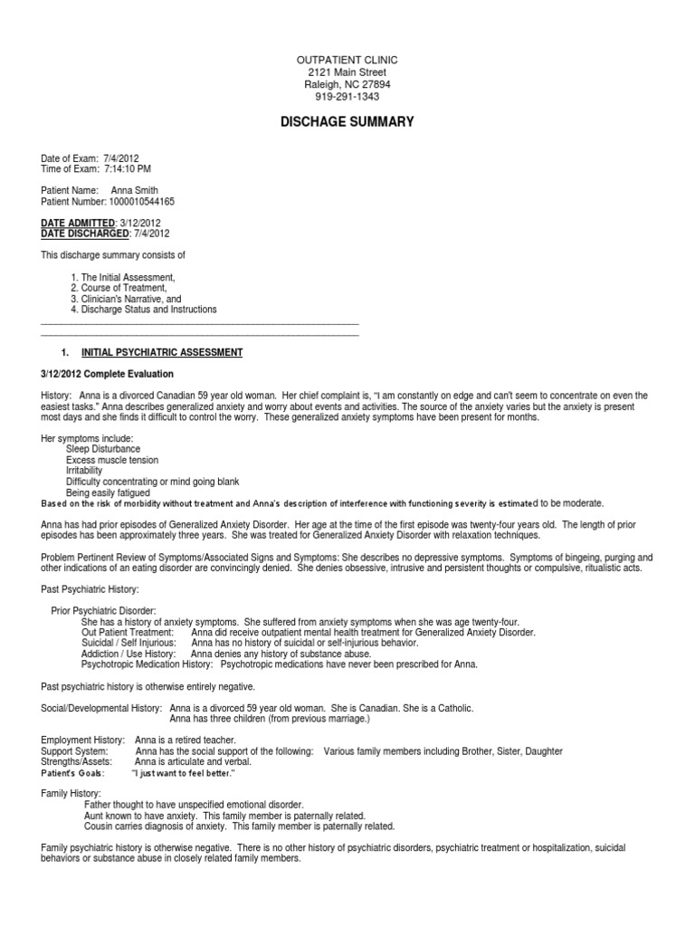 Mental Health Discharge Summary: Anxiety | PDF | Generalized Anxiety ...