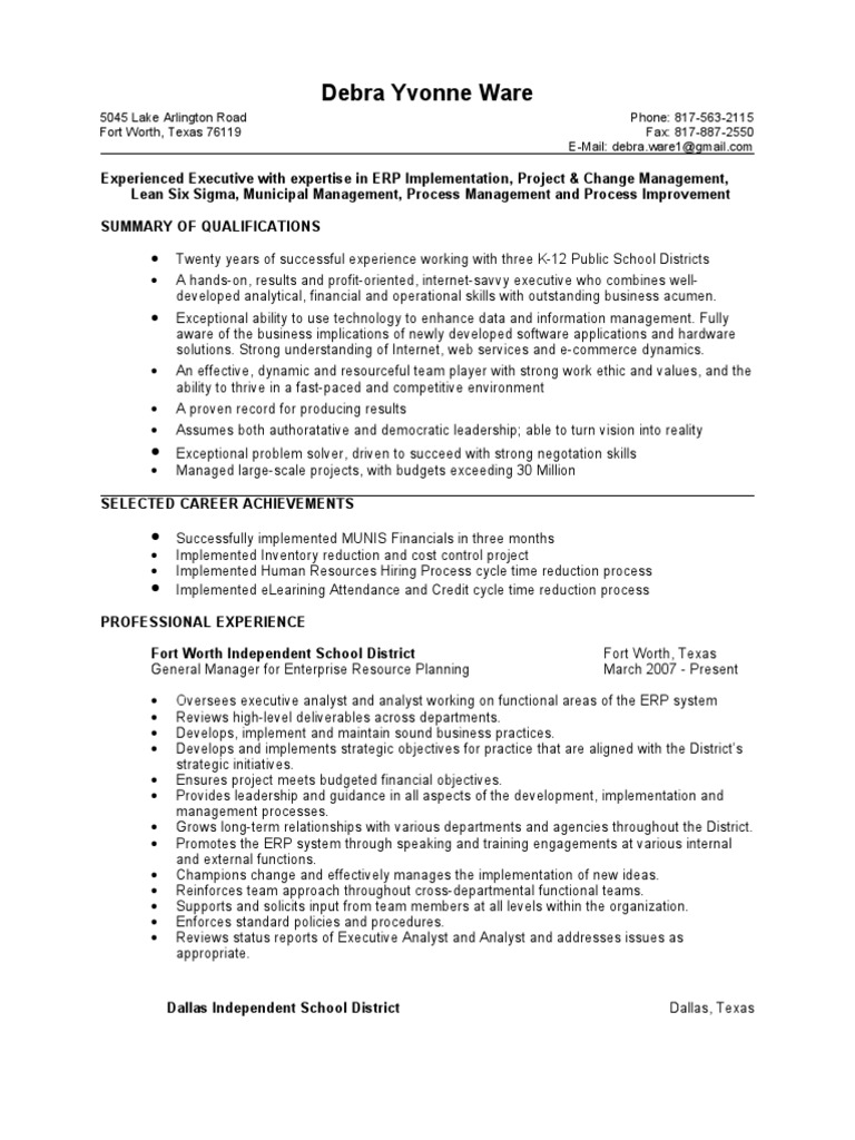 Debra Ware Exec Resume | PDF | Six Sigma | Enterprise Resource Planning